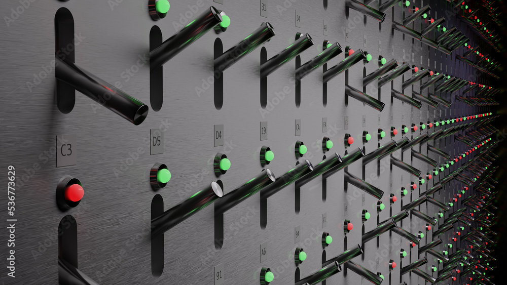 Large panel of toggle switches with LED lights and hexadecimal label ...