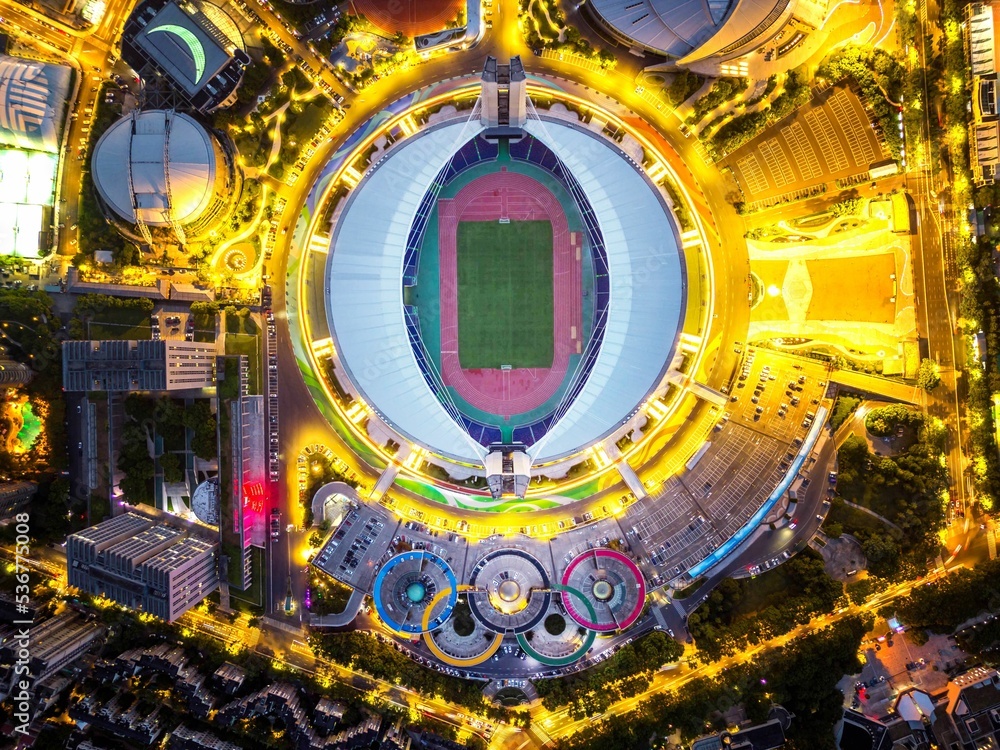 Aerial top view of the beautiful Stadium for the 2022 Asian Games in ...