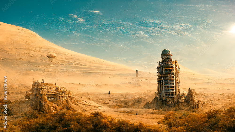 Stockillustratie Alien desert planet with destroyed buildings | Adobe Stock