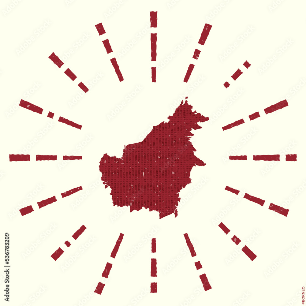 Borneo Logo. Grunge sunburst poster with map of the island. Shape of ...