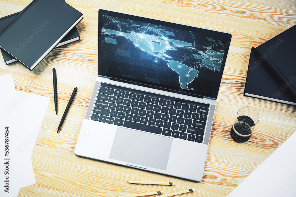 Abstract digital world map with connections on modern computer monitor ...