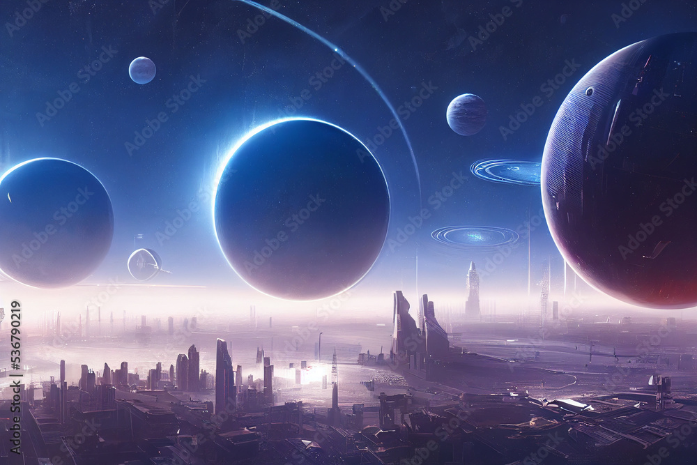 Futuristic City in Outer Space with Futuristic Planets Concept Art ...