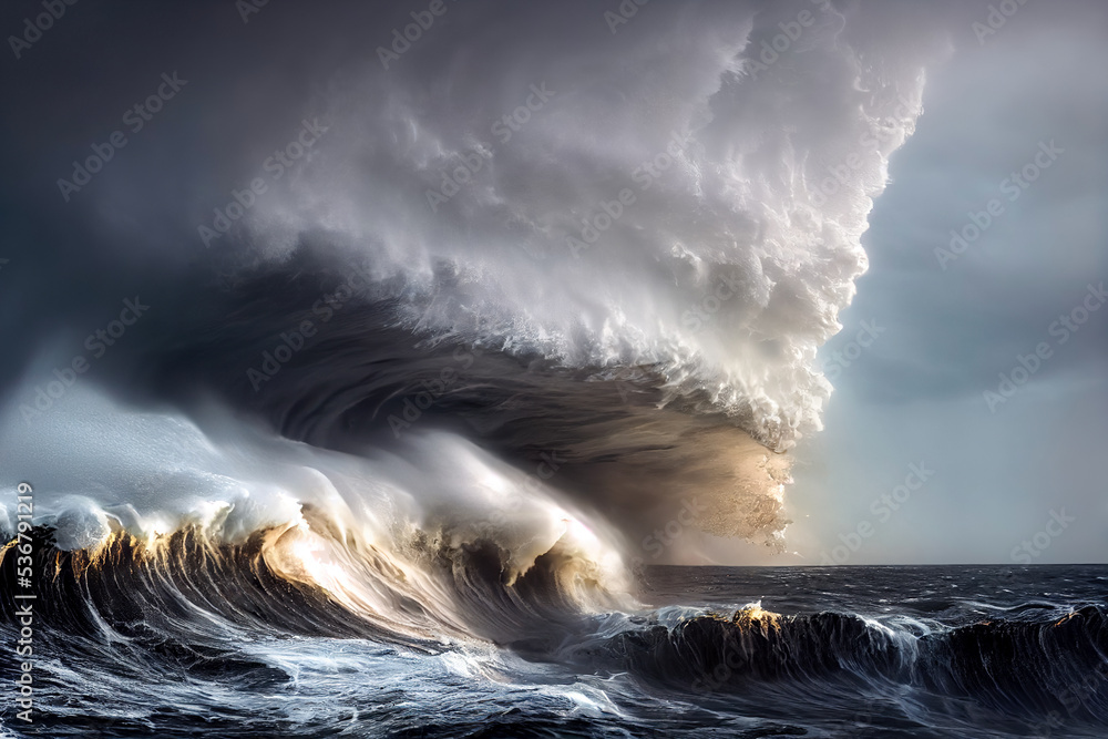 Giant tsunami waves, dark stormy sky. Perfect Storm. Huge waves Tsunami ...