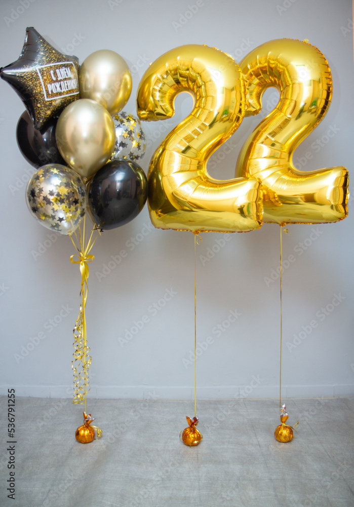 black and gold birthday balloons, golden foil numbers 22, a set of ...