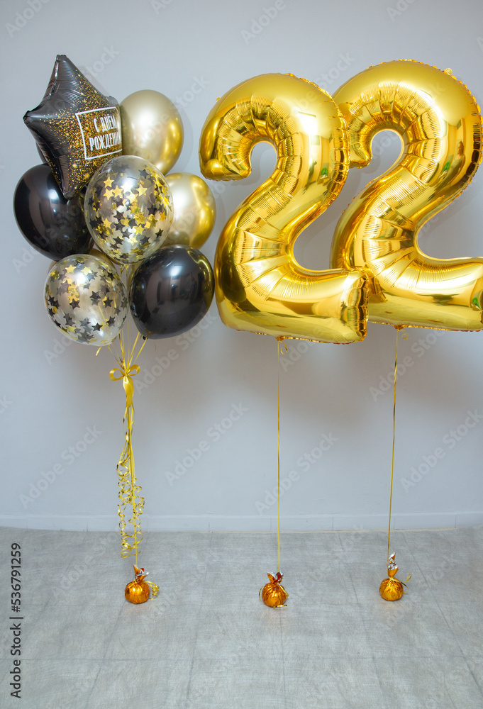 black and gold birthday balloons, golden foil numbers 22, a set of ...