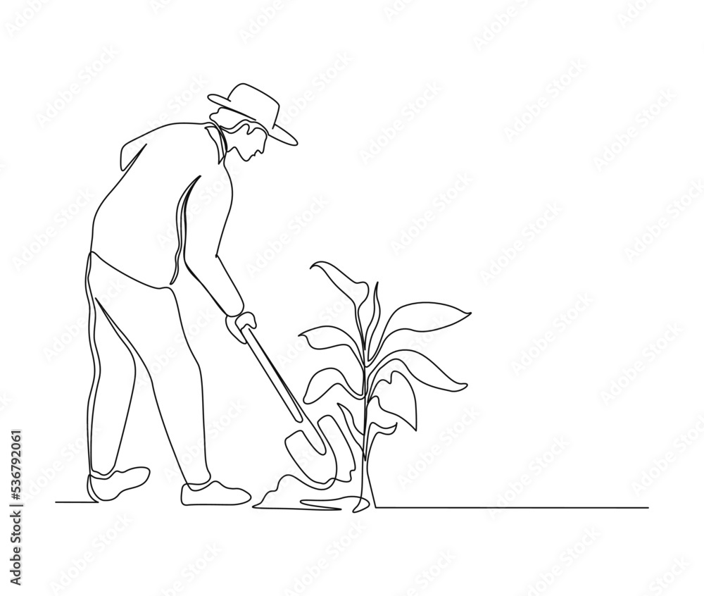 Continuous line art drawing of farmer shoveled the soil with the plants ...