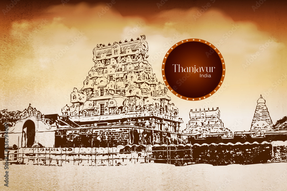 Brihadisvara Temple, Thanjavur India hand drawing vector illustration ...