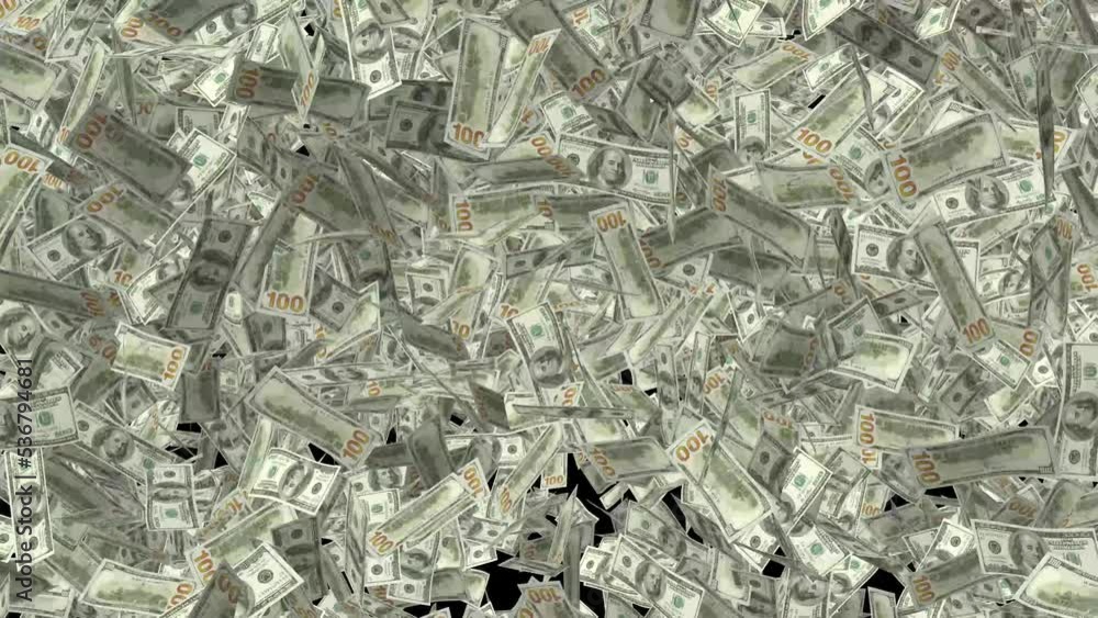 Animation of 100 dollar bills falling on black background, concept of ...