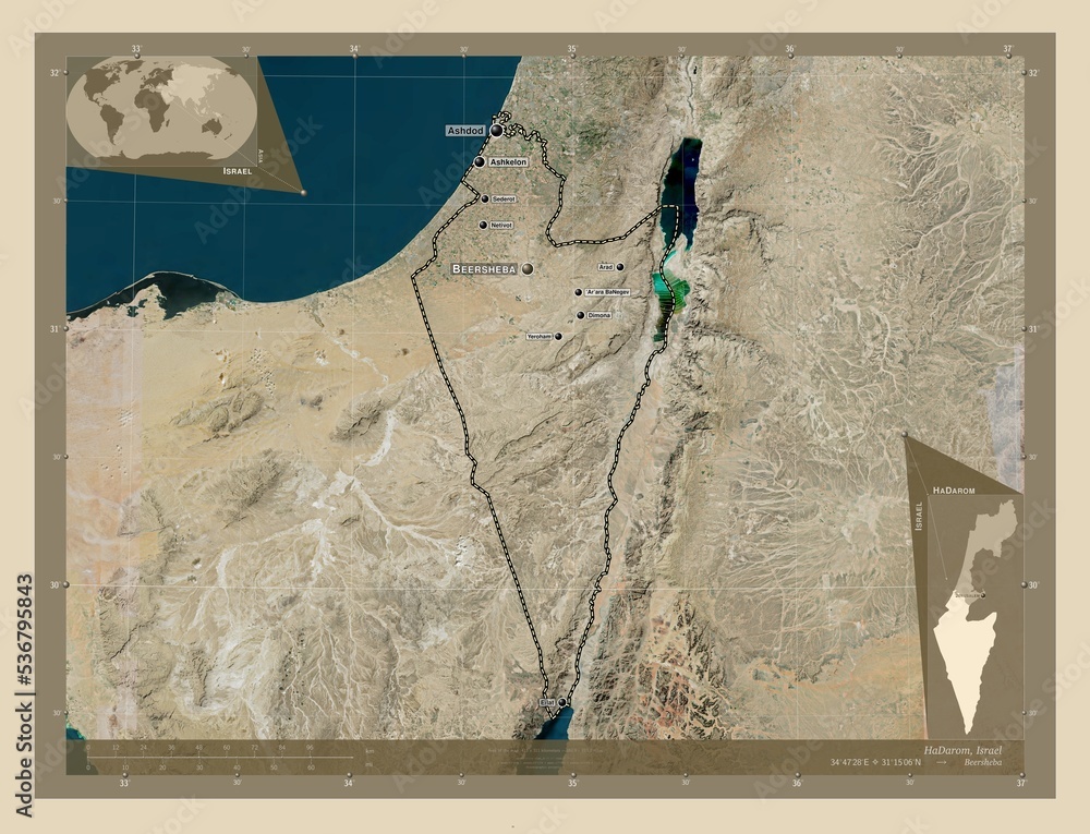 HaDarom, Israel. High-res satellite. Labelled points of cities Stock ...
