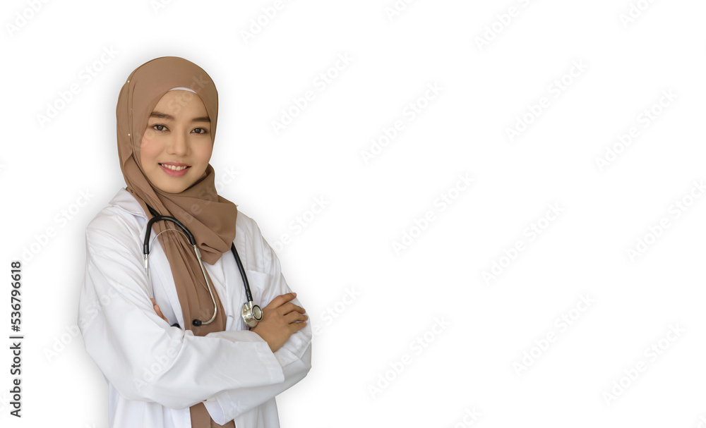 Portrait of Beautiful young muslim woman doctor wearing doctor uniform ...