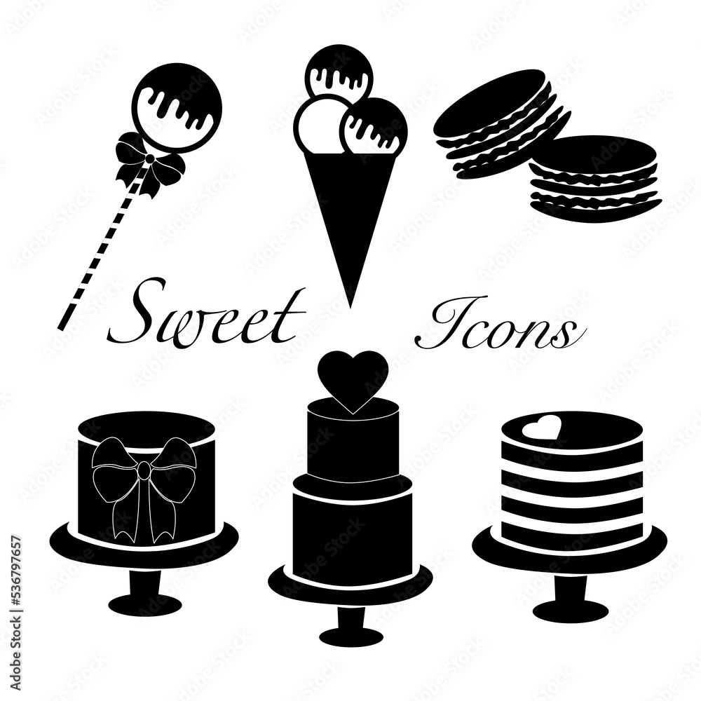 Vector set of black and white icons of sweet cake, ice cream, macaroon ...