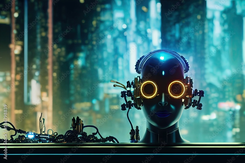 Cyberpunk robot's head with glowing yellow eyes on night neon ...
