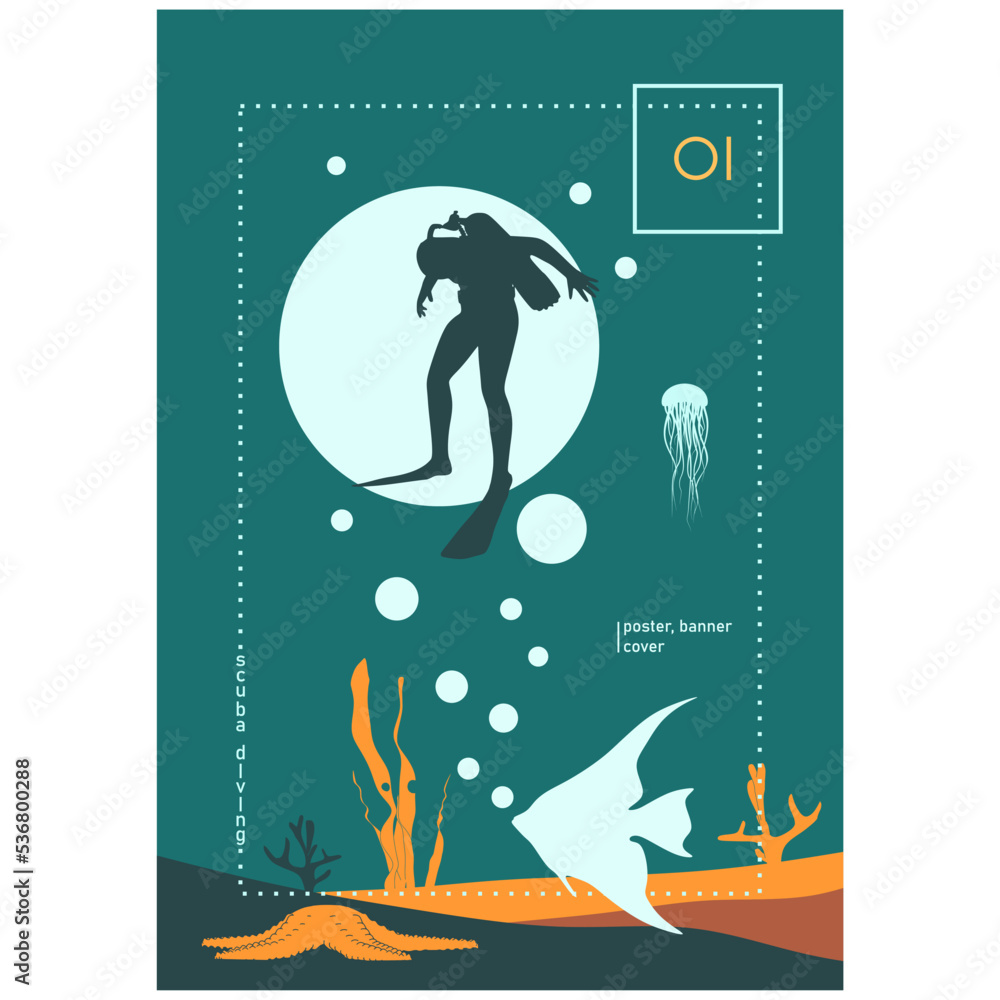 Scuba diving sport poster concept. Underwater landscape. Marine life ...