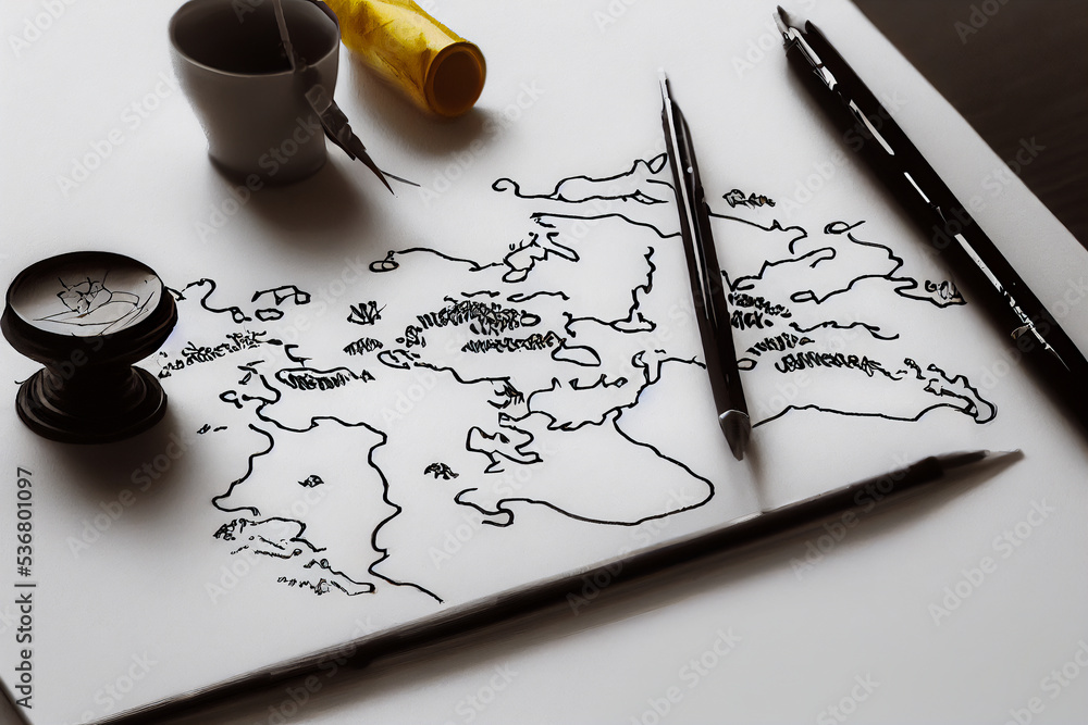 Stylish background with world map drawn with pen and ink, 3d ...