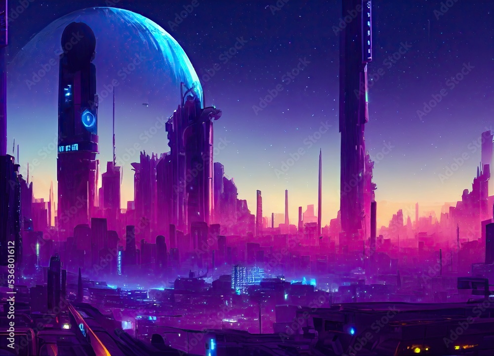 Cyberpunk night city landscape. Planet in the night sky of stars ...