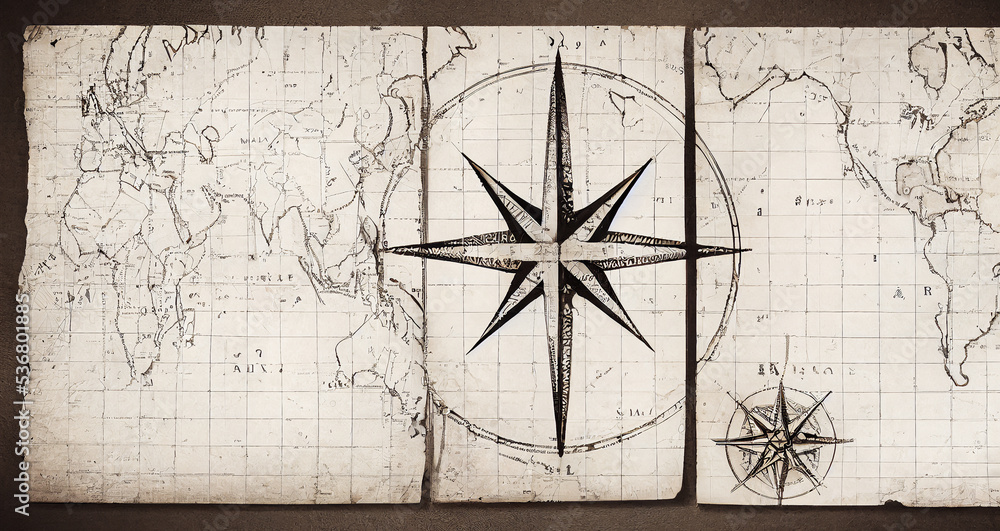 Vintage world map and compass rose background from 18th century Stock ...