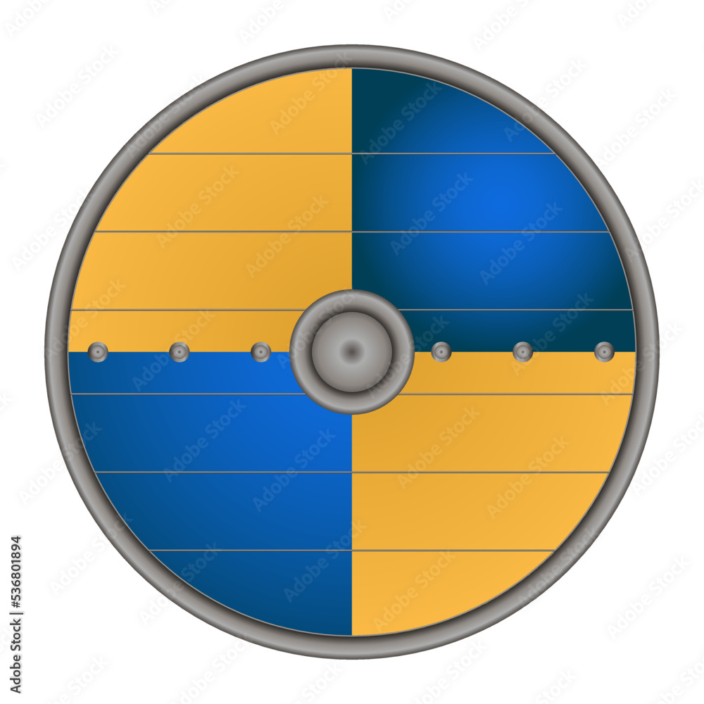 Viking shield blue-yellow color in realistic style. Viking weapons ...