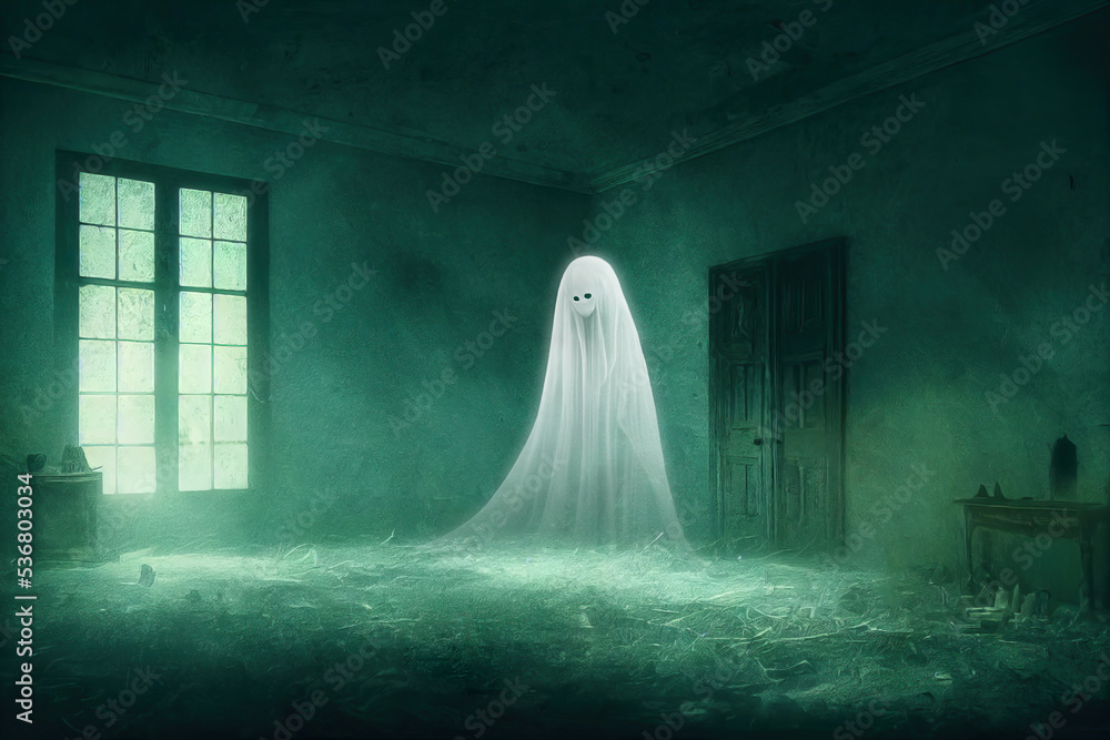 White creepy female ghost with sad face in abandoned room, haunted ...