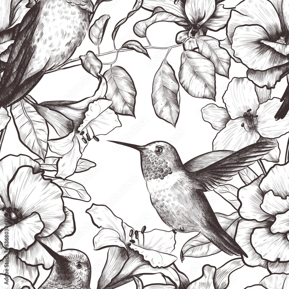 Seamless vector pattern with lovely flowers and birds. Floral wallpaper ...