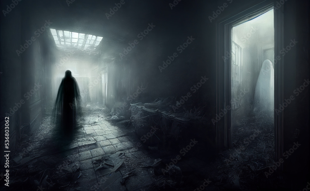 Spooky ghosts in a dark corridor of haunted house, creepy horror story ...