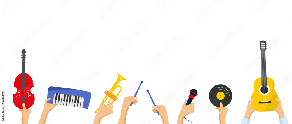 Human hands holding musical instruments. Music background. Vector ...
