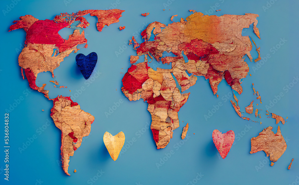 Cardboard world map with heart, for poster and Valentine's Day ...