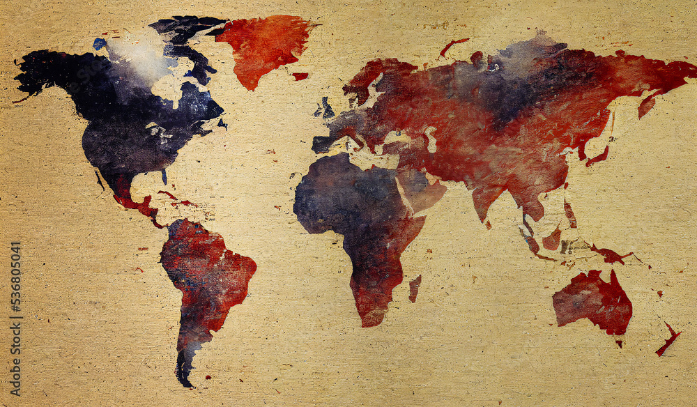Old colorful texture world map, blue and red, for vintage poster of the ...
