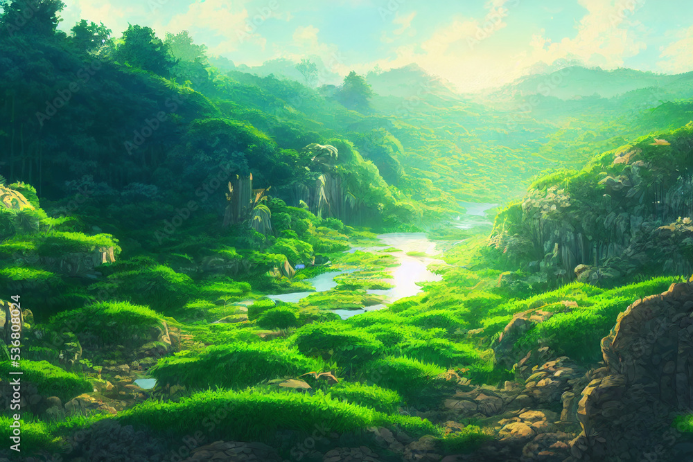 Beautiful Environment Nature Illustration in Anime Art Style Background ...