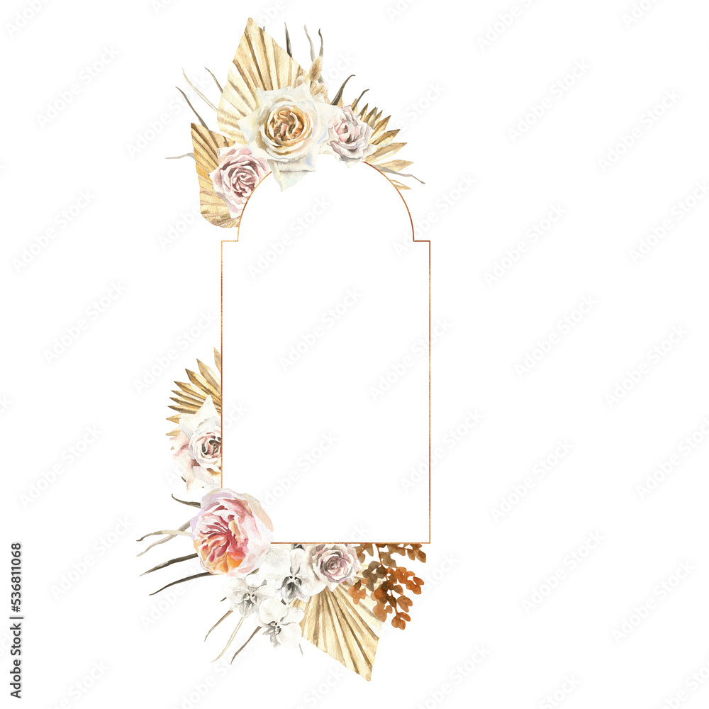 Boho floral frame. Polygonal Gold, bronze, wreath. English roses, dried ...