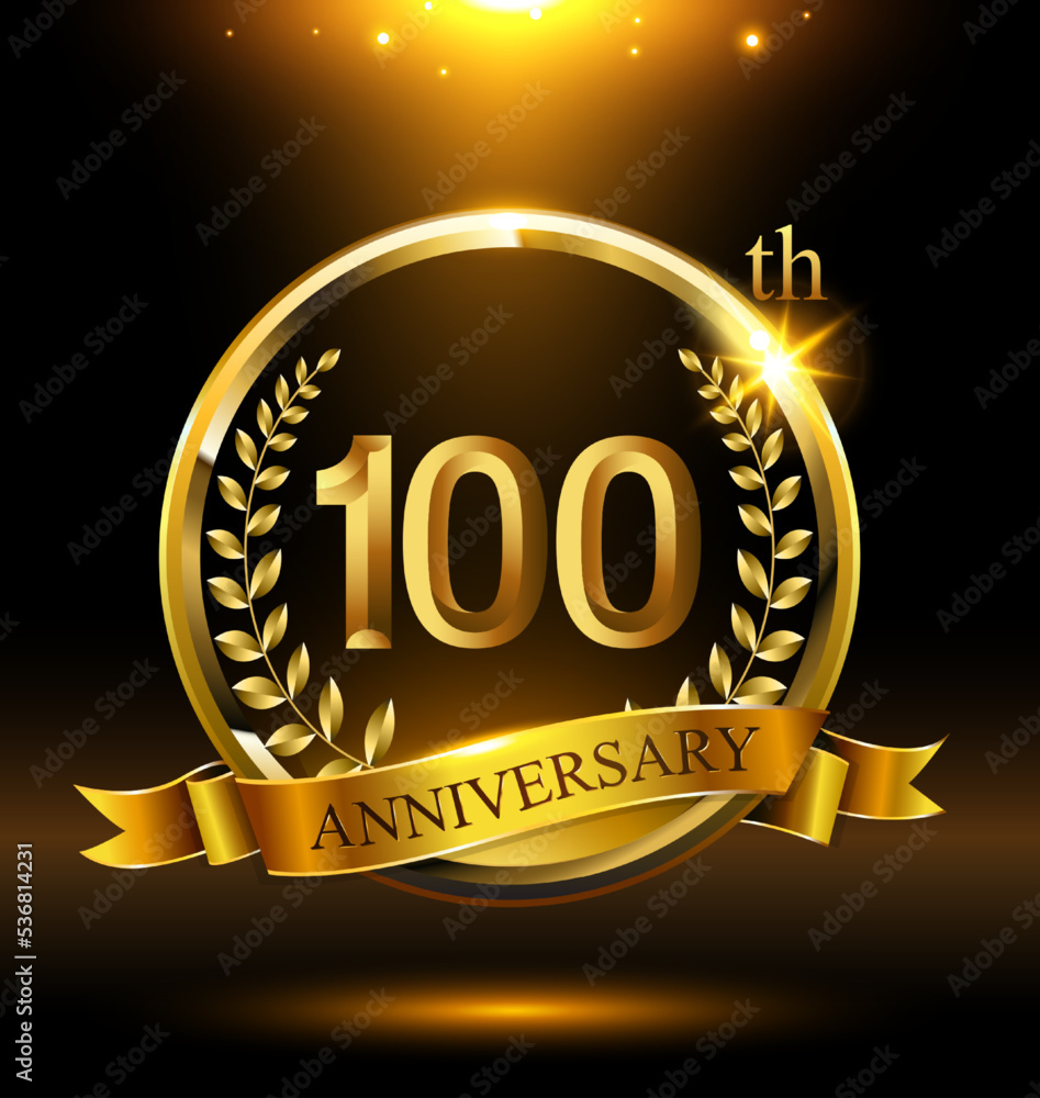 100th golden anniversary logo with ring and ribbon,wreath vector de ...