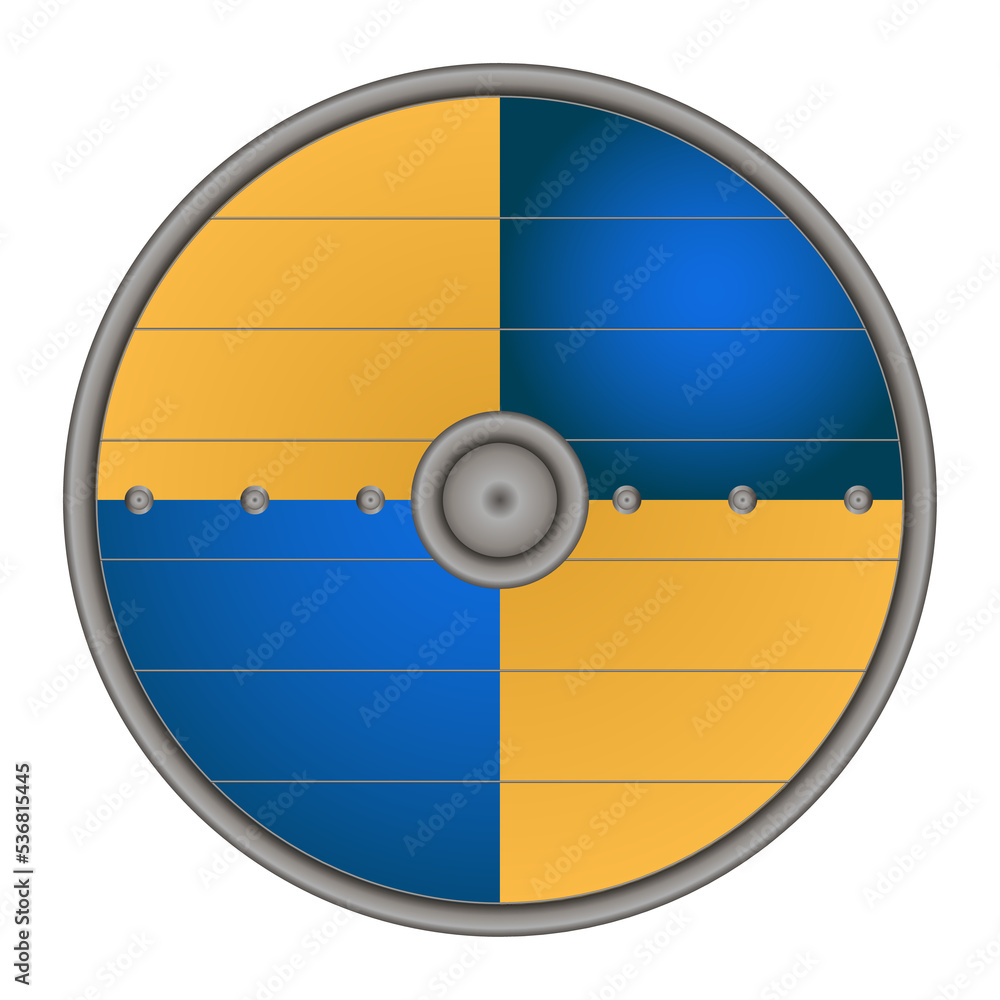 Viking shield blue-yellow color in realistic style. Viking weapons ...
