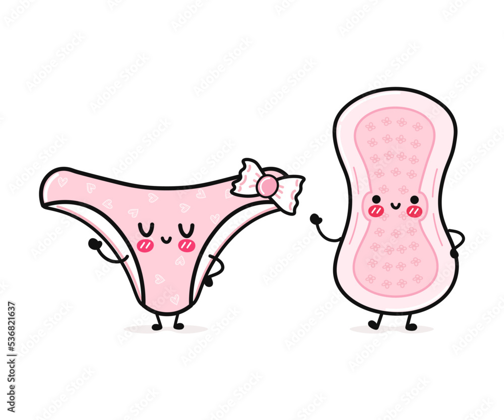 Cute, funny happy pink panties and menstrual pad. Vector hand drawn ...