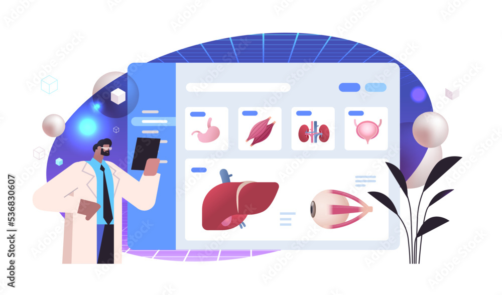 scientist examining anatomical human body internal organs on digital ...