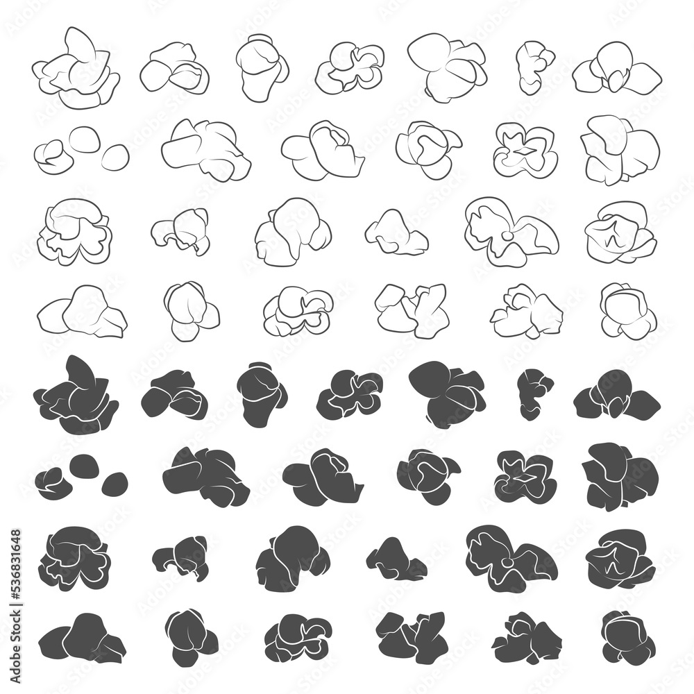 Set of black and white illustrations with popcorn grains. Isolated ...