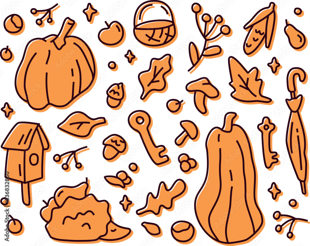 Pre-made line art collection of autumn forest items. Cute and cozy warm ...