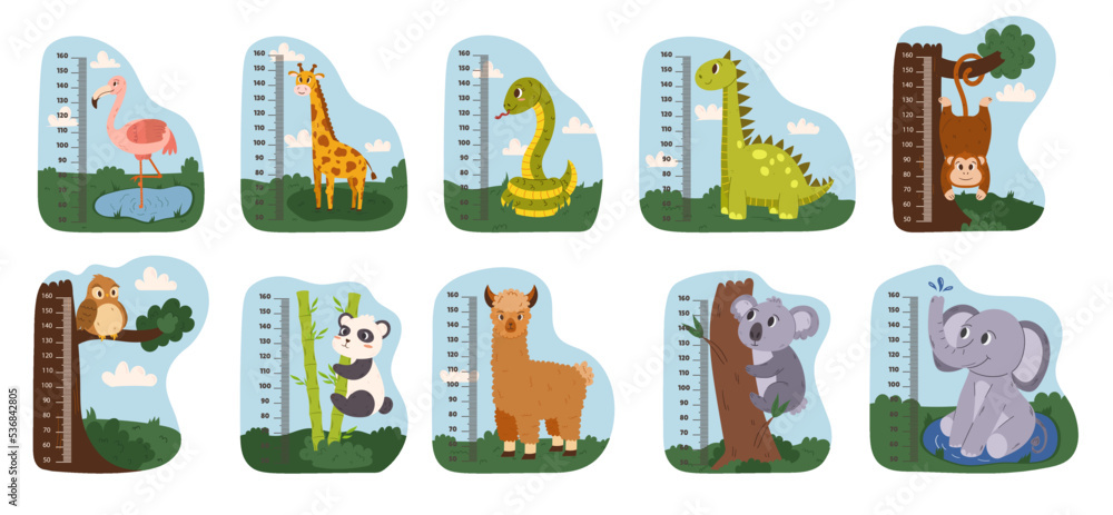 Set Kids Height Charts with Animals. Vector Growth Meter with Cartoon ...