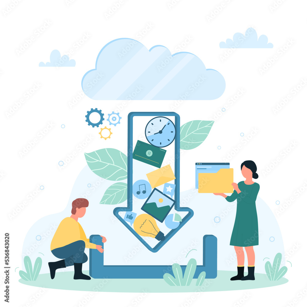 Downloading data and information from cloud vector illustration. Cartoon tiny people upload ...