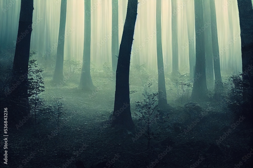 An enchanted dark scary forest. Rays of light in a gloomy forest. Fog ...
