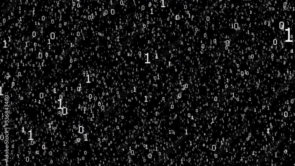 Digital technology binary code flying on isolated black background ...