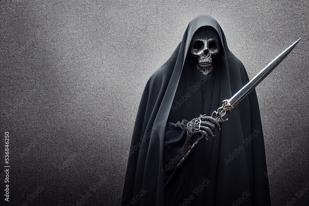 Grim Reaper - Skeletal and ghastly, this black-cloaked figure carries a ...