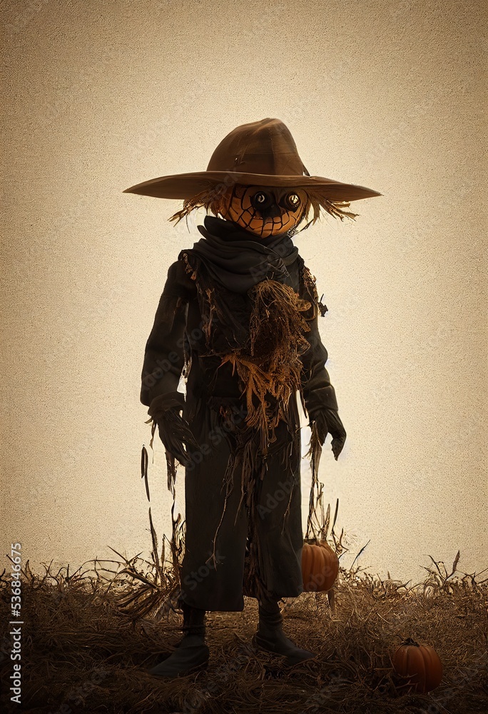 A 3D scarecrow overlooking the field during the autumn harvest ...