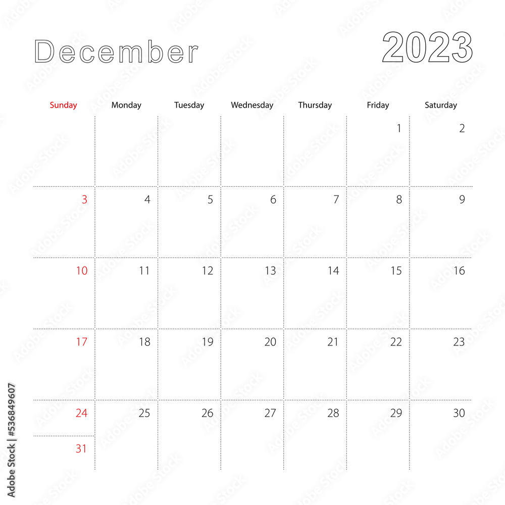 Simple wall calendar for December 2023 with dotted lines. The calendar ...
