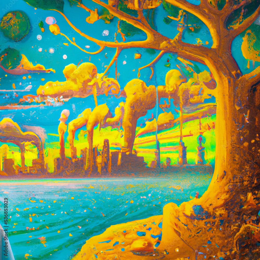 Futuristic surrealist landscapes of colorful cityscapes and alien ...