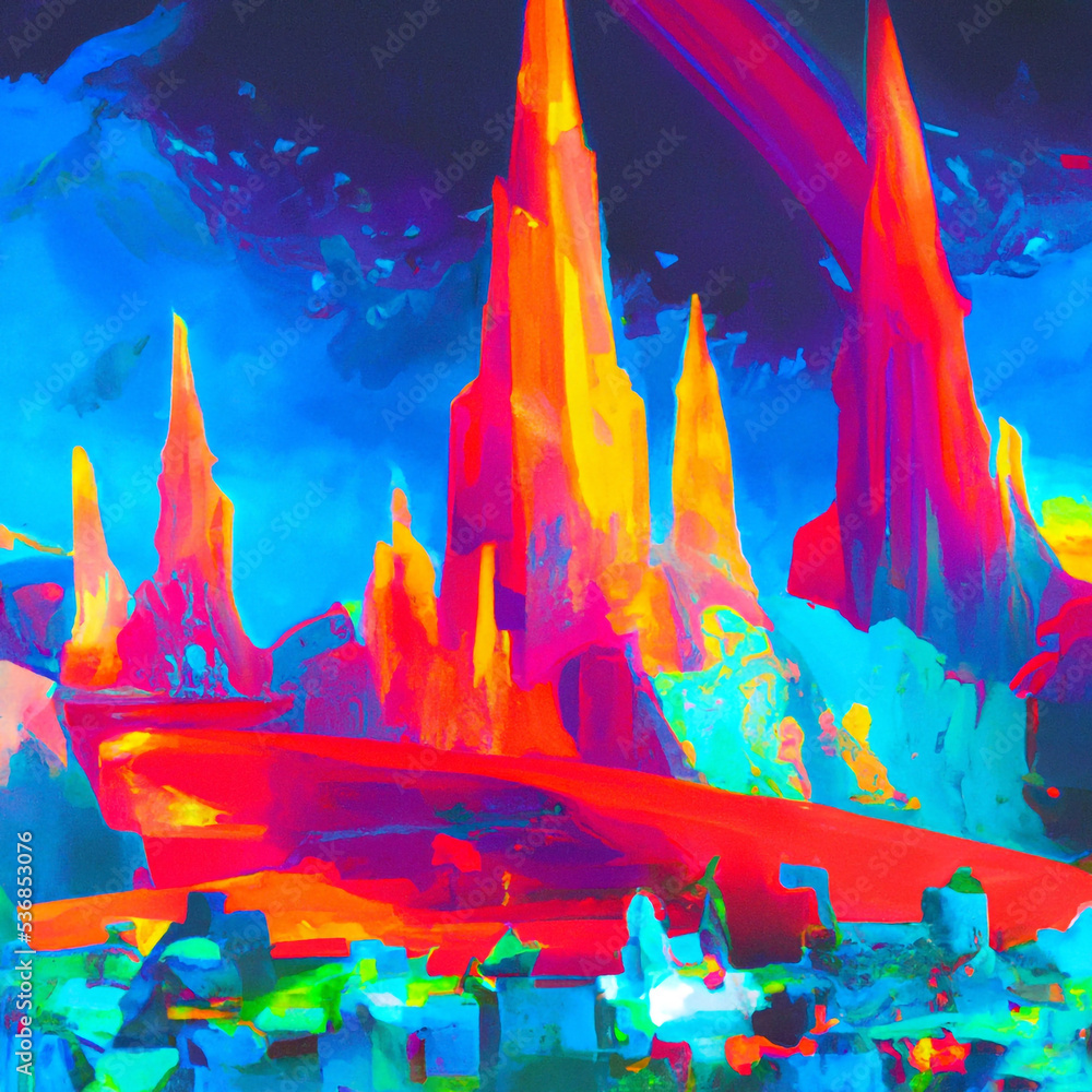 Futuristic surrealist landscapes of colorful cityscapes and alien ...