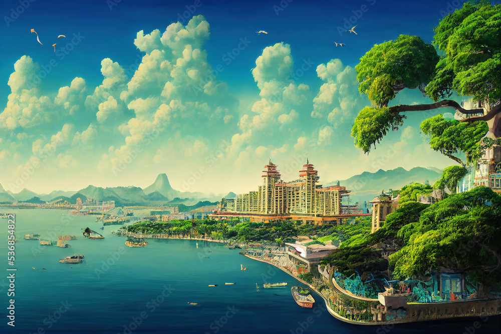Digital illustration of Macau city in China. Exotic scenery with bay ...