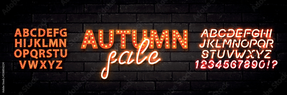 Vector realistic isolated neon marquee sign of Autumn Sale logo with ...