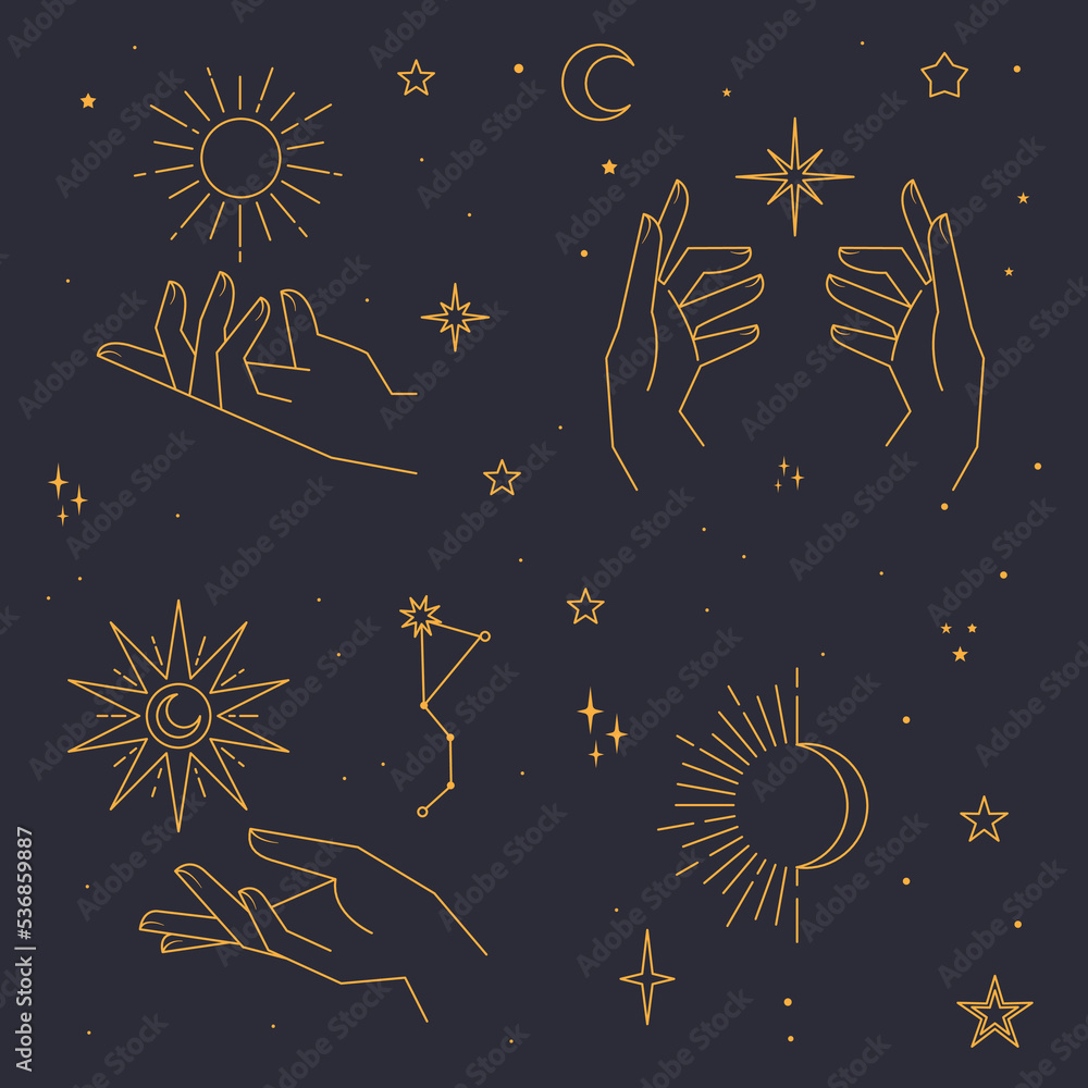Mystical and Celestial elements with stars, planets, moons and hands ...