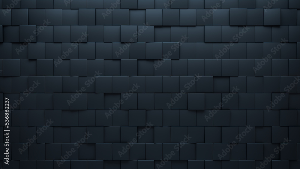 3D, Black Mosaic Tiles arranged in the shape of a wall. Futuristic ...