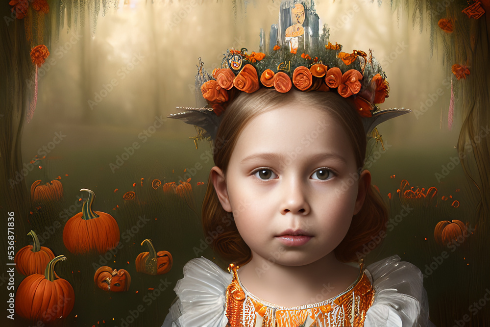 Surreal beautiful girl in autumn scenery, flower tiara on her head ...