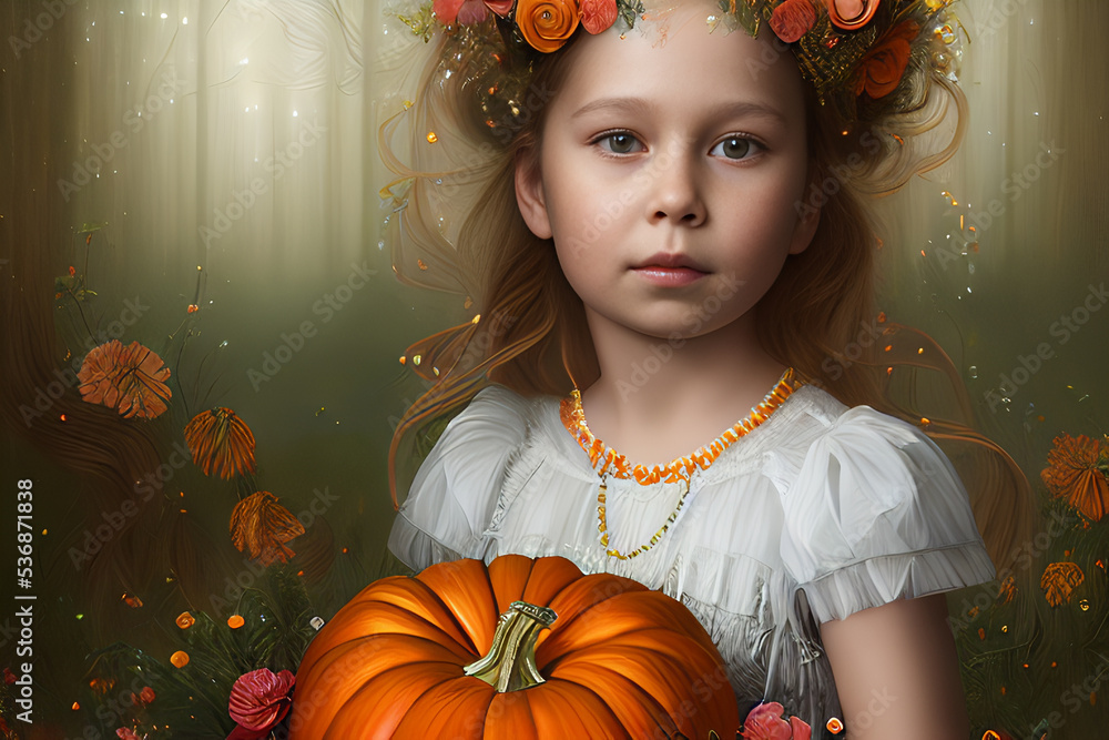 Surreal Beautiful Girl In Autumn Scenery Flower Tiara On Her Head Looking At Camera Calm
